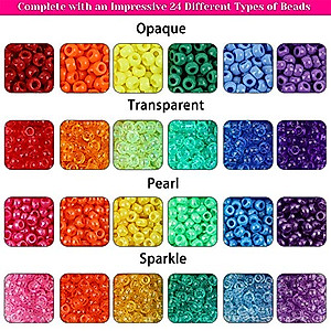 Quefe 2880pcs Pony Beads Kit Rainbow Beads Plastic Bead for Craft 6 x 9mm 24 Colors 4 Styles Large Hole Beads Set for Bracelets Jewelry Making