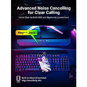 Fosi Audio C4 Computer Speakers, PC RGB Gaming Sound Bar Bluetooth Speaker for Desktop Monitor, Laptop, Console, Portable Wireless Soundbar with Rhythmic Lighting and Bass