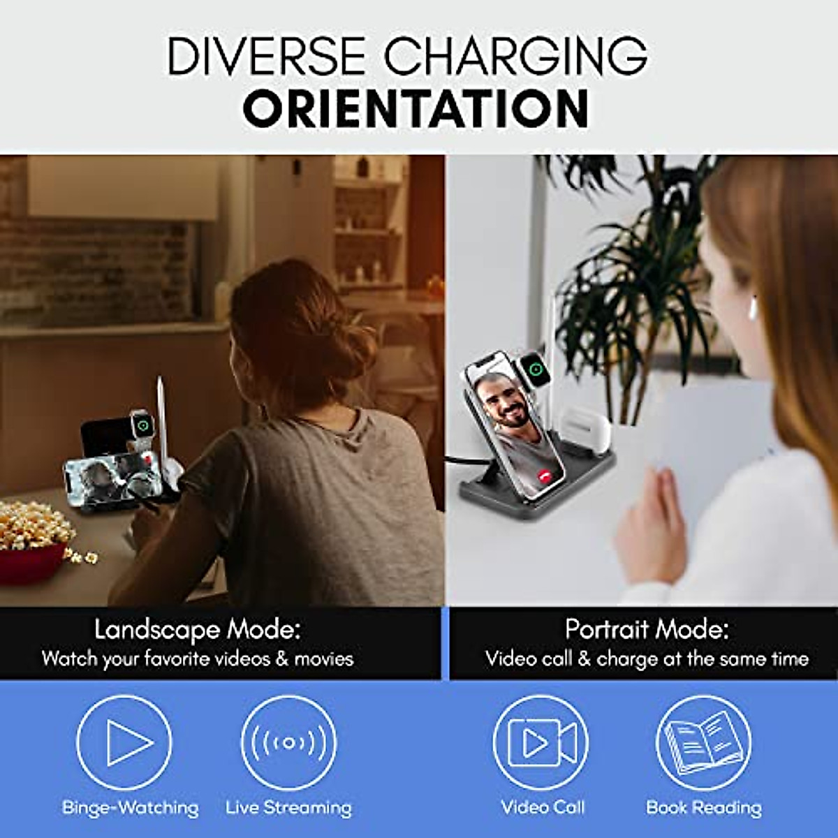 C&Berg 4 in 1 Charging Station Apple, 15W Fast Charger Portable Dock Stand, Compatible w/Qi-Certified Devices, iPhone 13/13 Pro/12/12 Pro/SE/11/X NoteS8/9/10, iWatch, Airpods & Apple Pencil 3 in 1