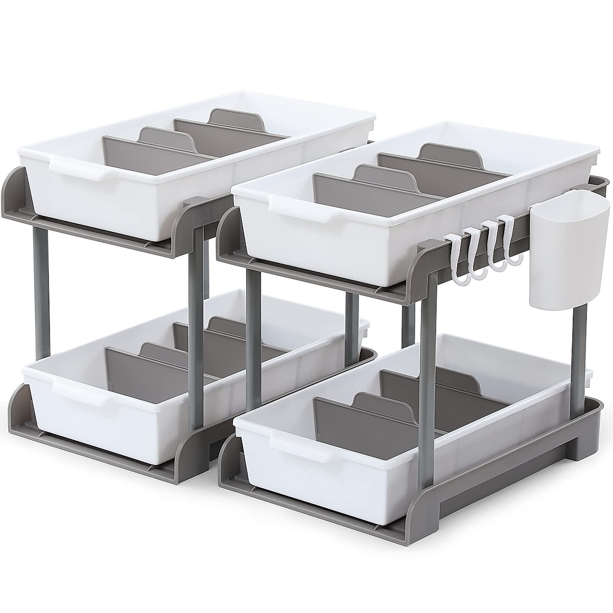 2 Set, 2 Tier Slide Out Under Sink Organizers and Storage with Removable Dividers - Undersink Cabinet Drawers for Bathroom, Kithcen Cleaning and Organization - Multiuse Home Pull Out Organizing Tray