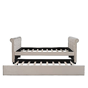 Harper & Bright Designs Twin Daybed with Trundle Bed, Twin Size Upholstered Daybed with Wood Slat Support, Upholstered Tufted Sofa Bed, No Box Spring Needed (Twin, Beige)