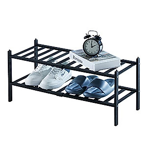 Dikolre Shoe Rack Organizer for Closet Entryway, 2-Tier Bamboo Stackable Shoe Rack Small Shoe Storage for Dorm Front Door Wooden Shoe Shelf, Black Brown