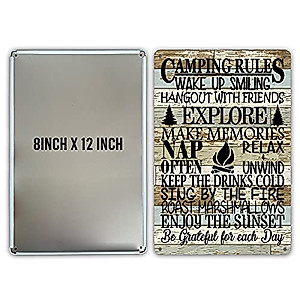 QIONGQI Funny Camping Rules Metal Tin Sign Wall Decor Farmhouse Rustic Camping Signs with Sayings for Home Camper Room Decor Gifts
