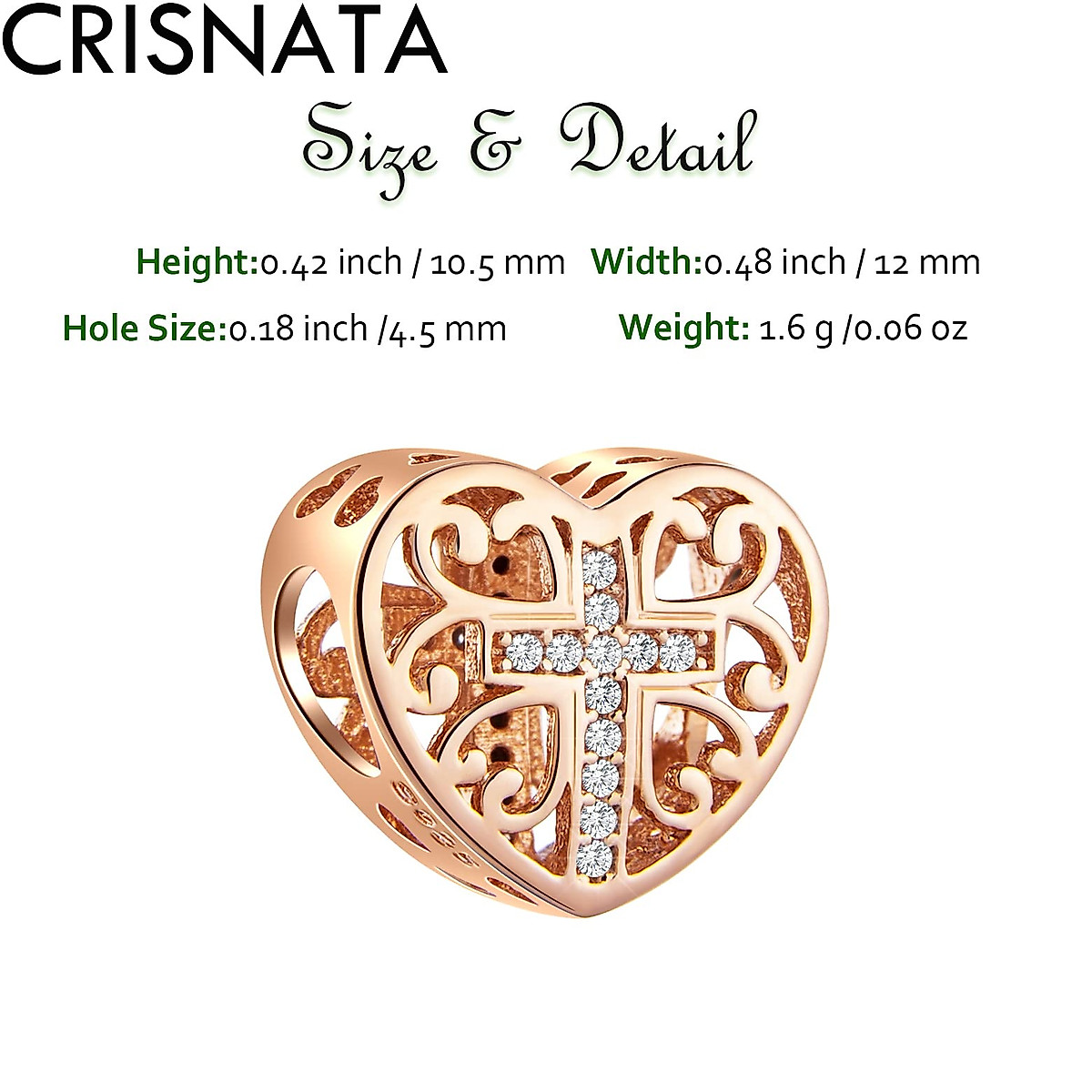 Rose Gold Faith Cross Heart Charms with Clear CZ, fits Pandora Christian Bracelet, 925 Sterling Silver Religious Prayer Beads, Gifts for Christmas/Easter/Mothers Day