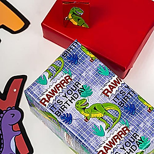 WRAPAHOLIC Reversible Wrapping Paper - Mini Roll - 17 Inch X 33 Feet - Unique Dinosaur Design for Kid's Birthday, Party, Baby Shower