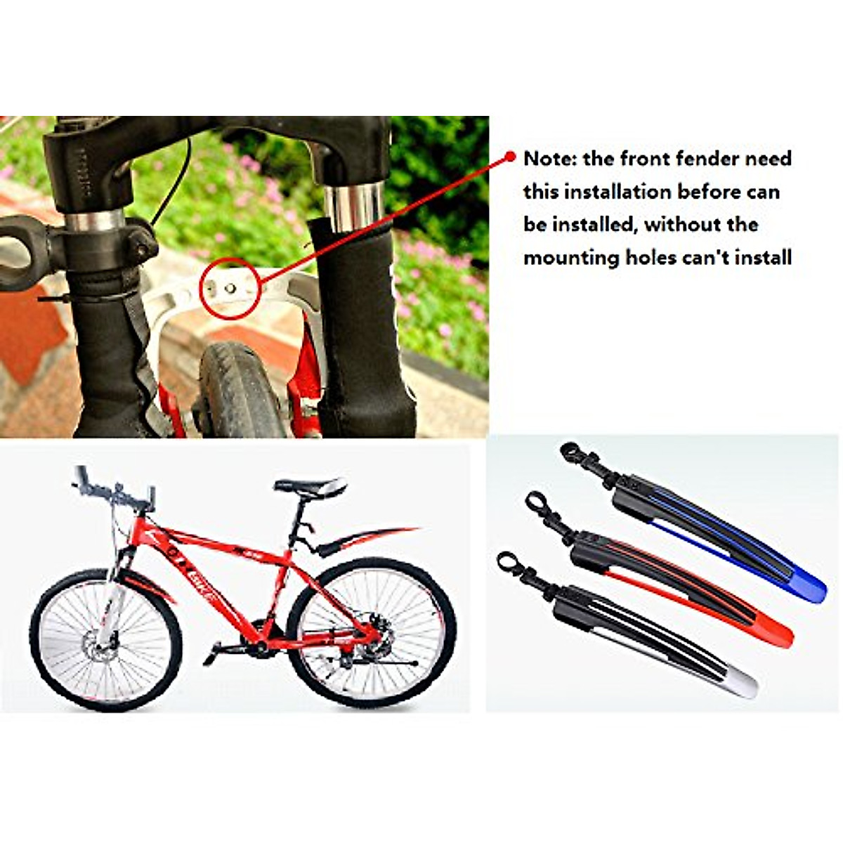 WIROJ BlueSunshine Adjustable Road Mountain Bike Bicycle Cycling Tire Front/Rear Mud Guards Mudguard Fenders Set (Red + Black)