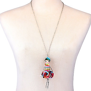 BONSNY Paris Doll Necklace Dress Handmade Pendant News Alloy Metal Crystal Flower Long Chain Fashion Jewelry