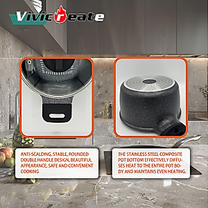 Vivicreate cast aluminum stock pot pan with lid, Marble color non stick coating, stainless steel bottom, long handle with rubber coating, dishwasher machine (9.5 INCH)