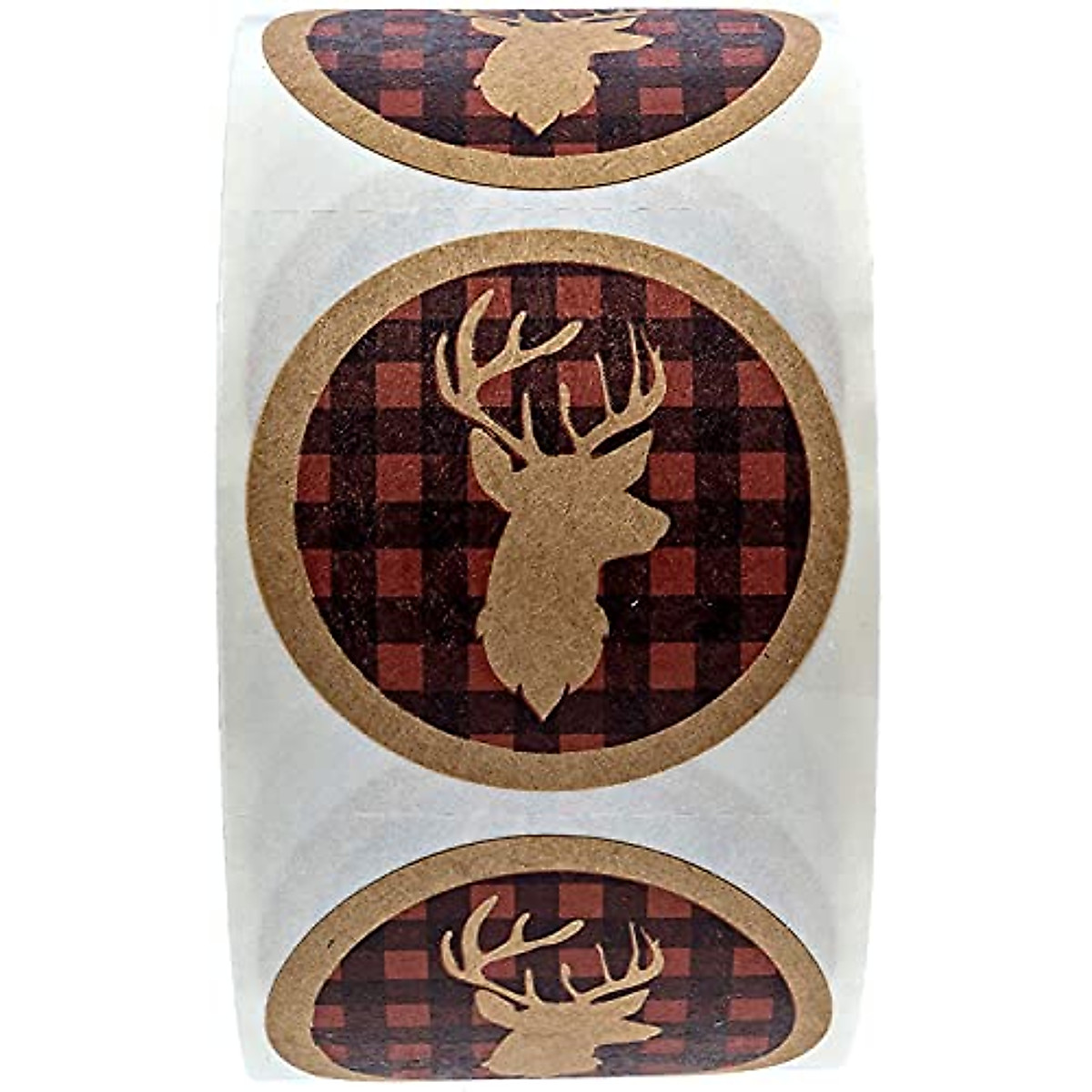 1.5" Round Kraft Buffalo Plaid Deer Head Holiday Label / 500 Northwoods Christmas Holiday Seal
