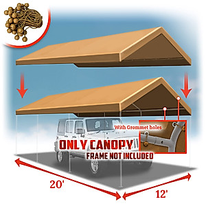 BenefitUSA 12'x20' Upgraded Carport Canopy Tent Garage Replacement Car Shelter Cover with Bungees,Frame is not Included (Tan)