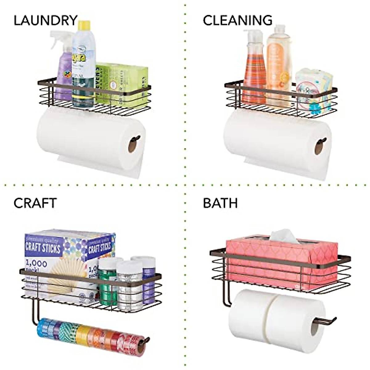 mDesign Steel Horizontal Wall Mount Paper Towel Holder with Basket Storage Organizer for Kitchen Countertop, Pantry, Cabinet, Cupboard - Holds Spices, Snacks, Drinks - Carson Collection - Bronze