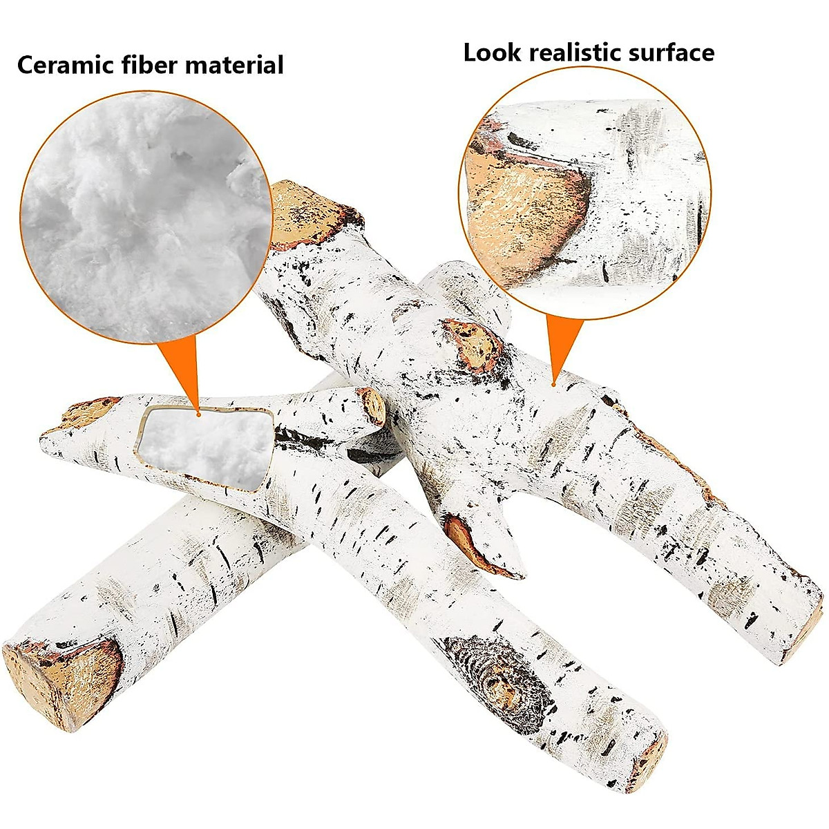 QuliMetal Gas Fireplace Logs Set, Ceramic White Birch Wood Logs for Indoor Inserts,Outdoor Firebowl,Fire Pits, Vented, Propane, Gel, Ethanol, Electric, Realistic Fireplace Decoration, 6 Pcs