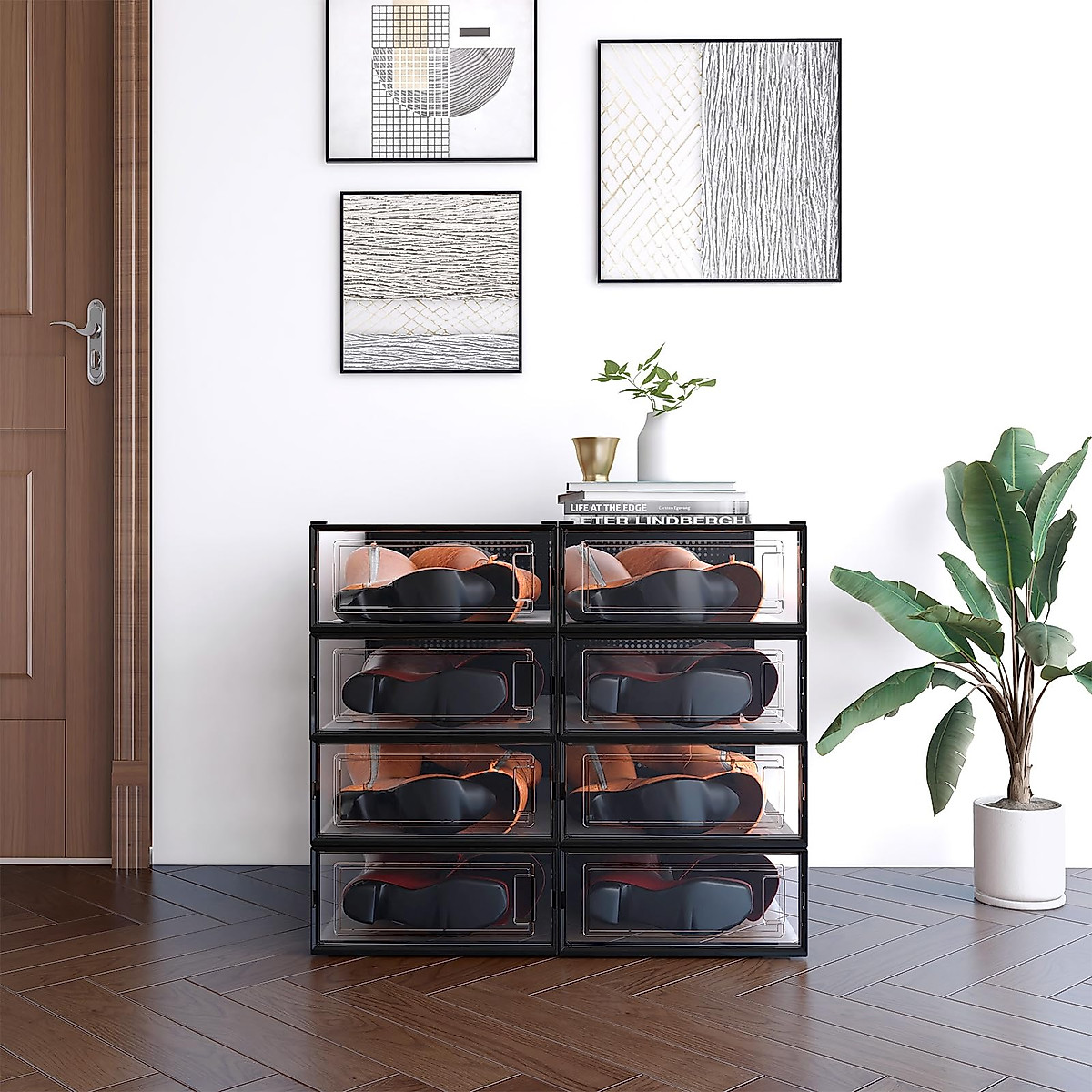 PARANTA 12-Piece Boot Shoe Storage Box, Stackable Clear Plastic Shoe Organizer with Clear Door for Storing Shoes, Black 20.5" x 12.5" x 5.5"