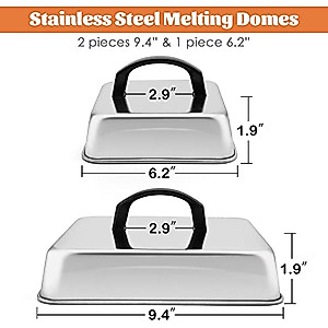 Joyfair 3 Pcs Cheese Melting Dome, Square Basting Covers Lids for Outdoor Griddle Grill Barbecue & Indoor Flat Top Teppanyaki, Heavy Duty Stainless Steel & Heat-Resistant Handle (6.2 Inch & 9.4 Inch)