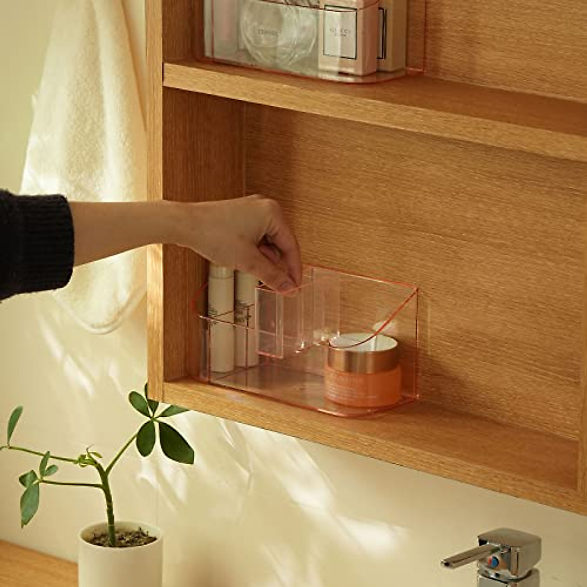 SUNFICON Makeup Holder Tray Organizer Cosmetic Display Case Tabletop Desktop Vanity Countertop Bathroom Wall Cabinet Medicine Storage Box 9 Dividers 2 Removable for Womens Ladies Girls Crystal Pink