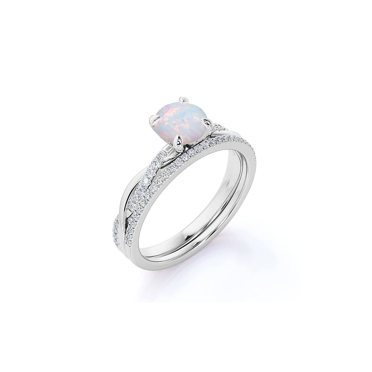 CTIEIP 10K 14K 18K Gold Opal and Diamond Engagement Ring Set for Women Round Simulated Opal and Real Diamond Rings for Her (G-H Color, I2-I3 Clarity)