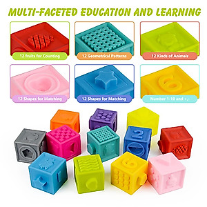 Woby 16 PCS Baby Blocks Soft Building Blocks Baby Toys Teethers Toy Stacking Bath Toys Learning Toys with Numbers Animals Fruits for Infants Toddlers Age 6 to 12 Months Up