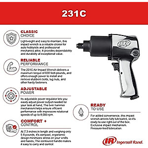Ingersoll Rand 231C 1/2” Drive Air Impact Wrench – Lightweight, Max 600 ft-lbs Torque Output, Adjustable Power, Twin Hammer, Silver, 3.4 x 8.2 x 8.8 inches