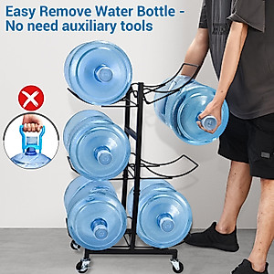 5 Gallon Water Bottle Holder with 4 Wheels, Heavy Duty Foldable Water Jug Stand 3-Tier Movable 5 Gallon Water Jug Holder Water Dispenser Rack for 6 Bottles, Black