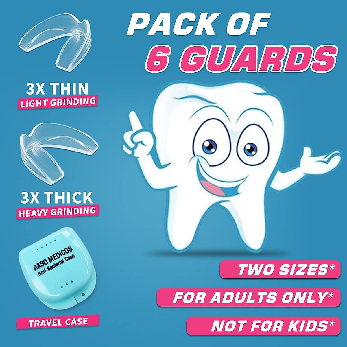 AKSO MEDICOS Bruxism Mouth Guard，Teeth Whitening Mouth Tray,2 Sizes,Pack of 6 Sports Mouth Guard with Case