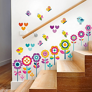 Flowers Wall Stickers for Kids Bedroom -Butterfly Bee Floral Wall Decals for Girls Room,Classroom,Nursery, Playroom- Removable DIY Peel and Stick Wall Art Decor