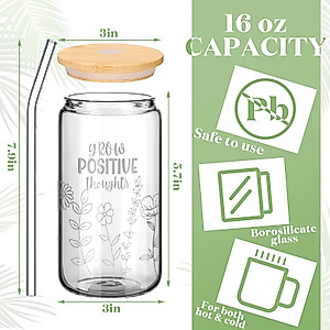 Jinei 16 oz Christmas Floral Glass Cups with Lids and Straws Iced Coffee Glasses Cute Floral Glass Tumbler with Straw and Lid for Coffee Juice Soda Drinks for Women