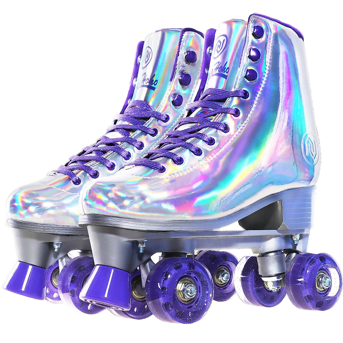 JajaHoho Roller Skates for Women, Holographic High Top Classic Rollerskates, Shiny Double-Row Glitter Four Wheels Quad Skates for Girls, Age 3-50, Indoor &Outdoor (Size 7, Silver Purple)