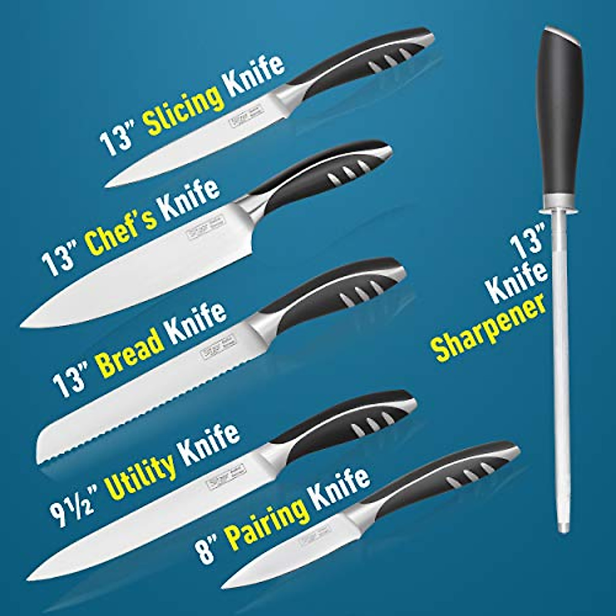 Slitzer Germany 7-Piece Chef's Knife Set, Ergonomically Designed, Professional Grade Chef Knives, Great addition to any kitchen