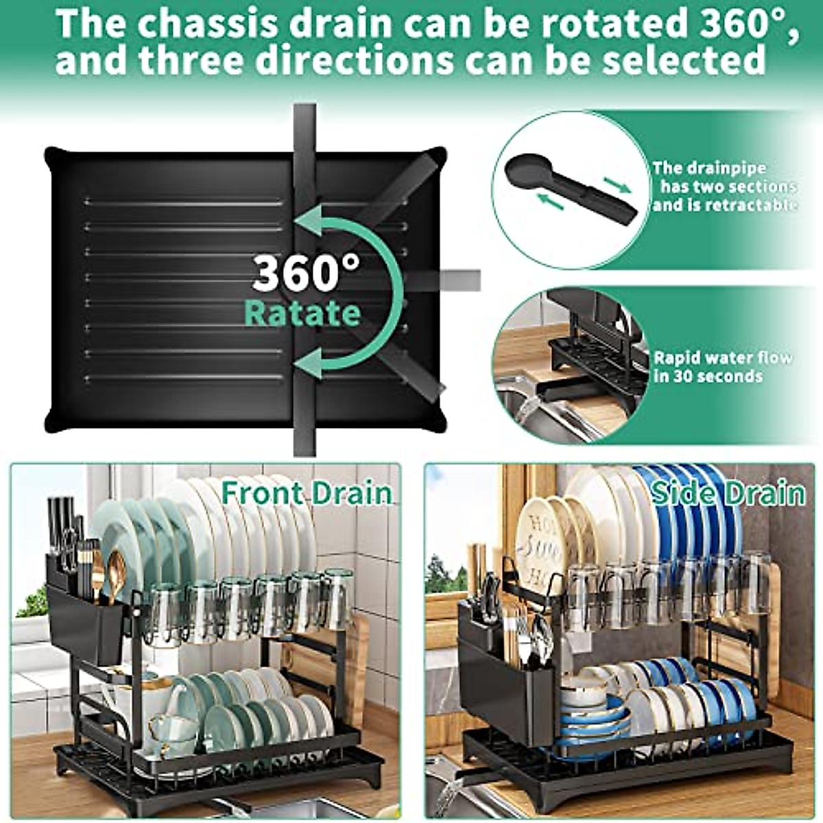 Dish Drying Rack,Dish Rack for Kitchen Counter,2 Tier Large Dish Drying Rack with Drainboard Stainless Steel Dish Drainer with Drainage Utensil Holder for Dish/Knifes/Cup/Cutting Board(16*11*12.5 IN)