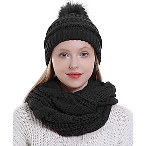 Double Couple Womens Scarf Beanie Hat with Faux Fur Ball Set Thick Winter Cable Knitted Circle Loop Infinity Scarfs for Women (Black Pom Pom Set)