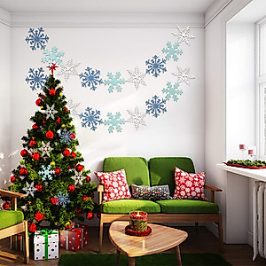 3 Pack Glitter Snowflake Banner Winter Snowflake Garland for Christmas Holiday Themed Party Decor Santa Festive Party Decor Winter Mantle New Year Party Home Decorations, White & Blue & Light Blue