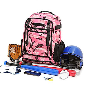 ZOEA Baseball Bat Bag Backpack, T-Ball & Softball Equipment & Gear for Youth and Adults, Large Capacity Holds 4 Bats, Helmet, Gloves, Cleats,Shoes Compartment & Helmet Holder (Camouflage Red)