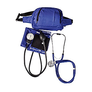 MABIS MatchMates Aneroid Sphygmomanometer Manual Blood Pressure Monitor Fanny Pack Kit with Calibrated Adult Nylon Arm Cuff and Sprague Rappaport Stethoscope, Professional Quality, Royal Blue