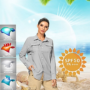 Jessie Kidden Women's UPF 50+ UV Sun Protection Safari Shirt, Long Sleeve Outdoor Cool Quick Dry Fishing Hiking Gardening Shirts (5055 Grey L)