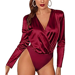 Chigant Body Suits Women Clothing Satin Long Sleeve Bodysuit for Women Leotard Blouse