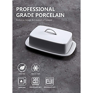 Sweese Large Butter Dish with Lid for Countertop, Porcelain 8oz Butter Keeper with Handle Cover Design, 7.7 Inch Butter Container Perfect for East/West Coast Butter, White