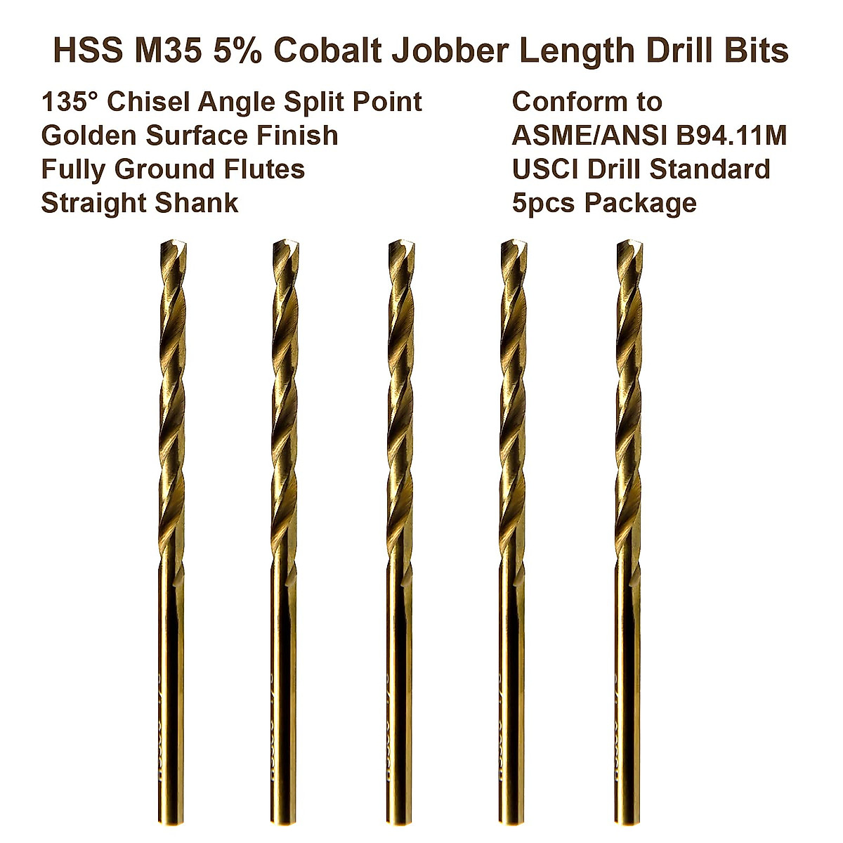 MAXTOOL No.25 5pcs Identical Jobber Length Drills Dia 0.1495" HSS M35 Cobalt Twist Drill Bits Wire Gauge Numbered Golden Straight Drill; JBN35G10R25P5