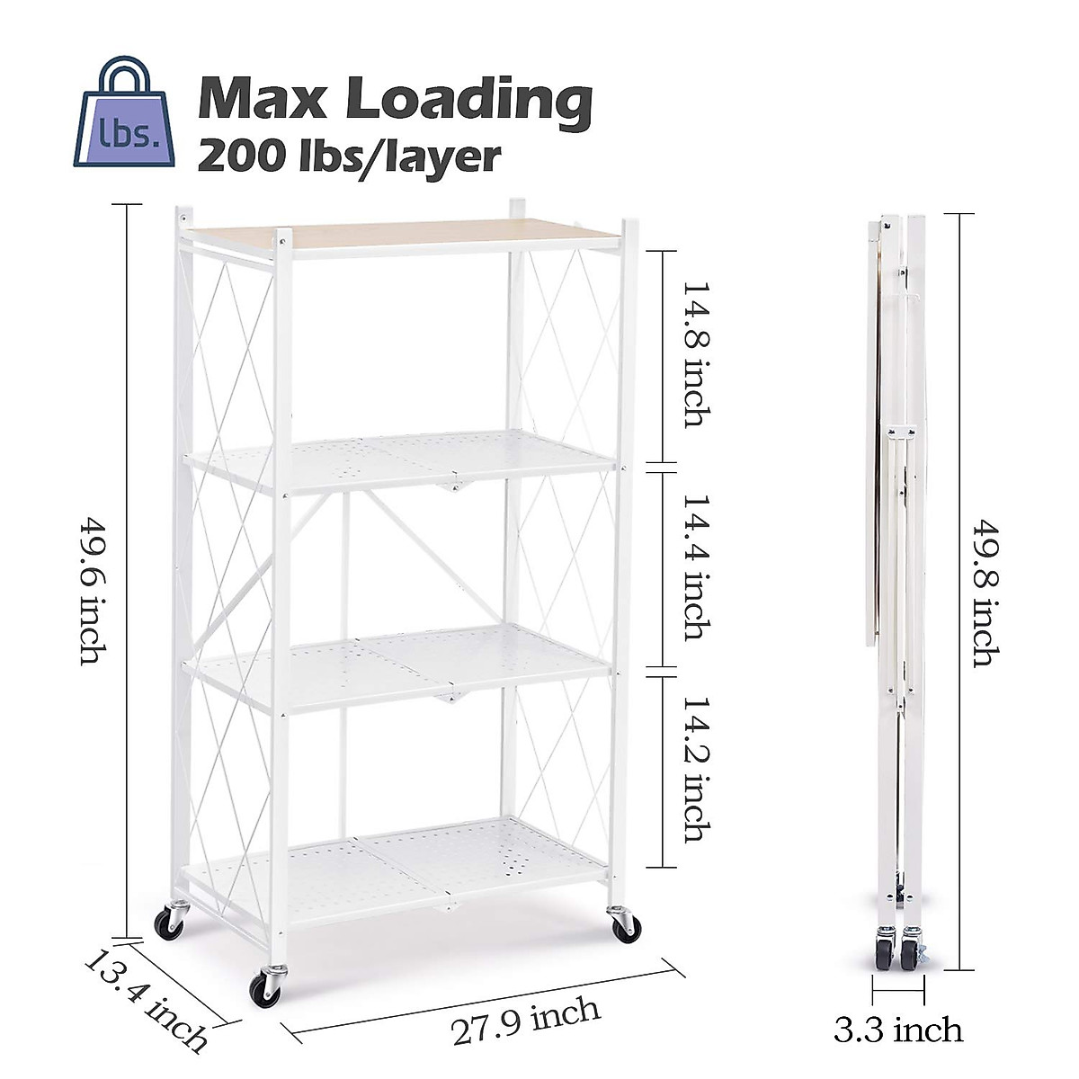 APEXCHASER 4-Shelf Foldable Storage Shelves with Wheels, Freestanding Metal Wire Shelf Rack, No Assembly Storage Shelves for Office, School, Kitchen,Garage