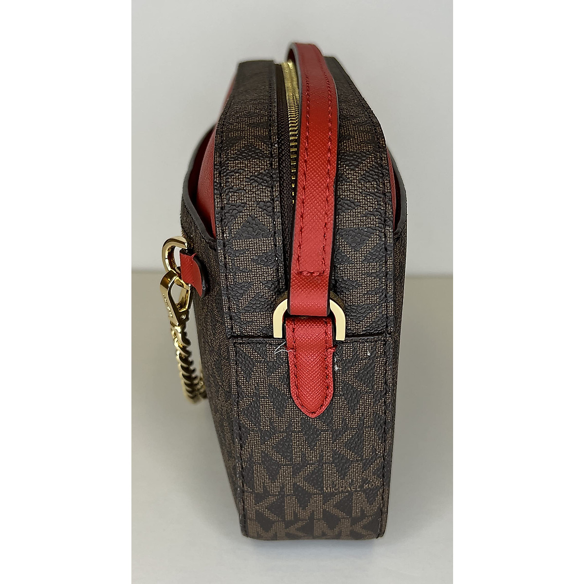 Michael Kors Jet Set Large Chain Crossbody Bag bundled with with SM TZ Coinpouch Wallet and Purse Hook (Signature MK Brown/Flame)