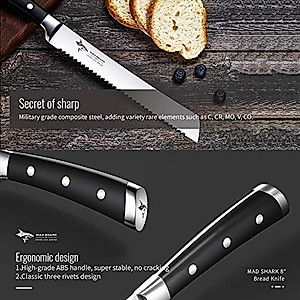 MAD SHARK Bread Knife 8 Inch Pro Serrated Bread Cutter,German High Carbon Stainless Steel Cake Knife with Ergonomic Handle, Ultra Sharp Baker's Knife