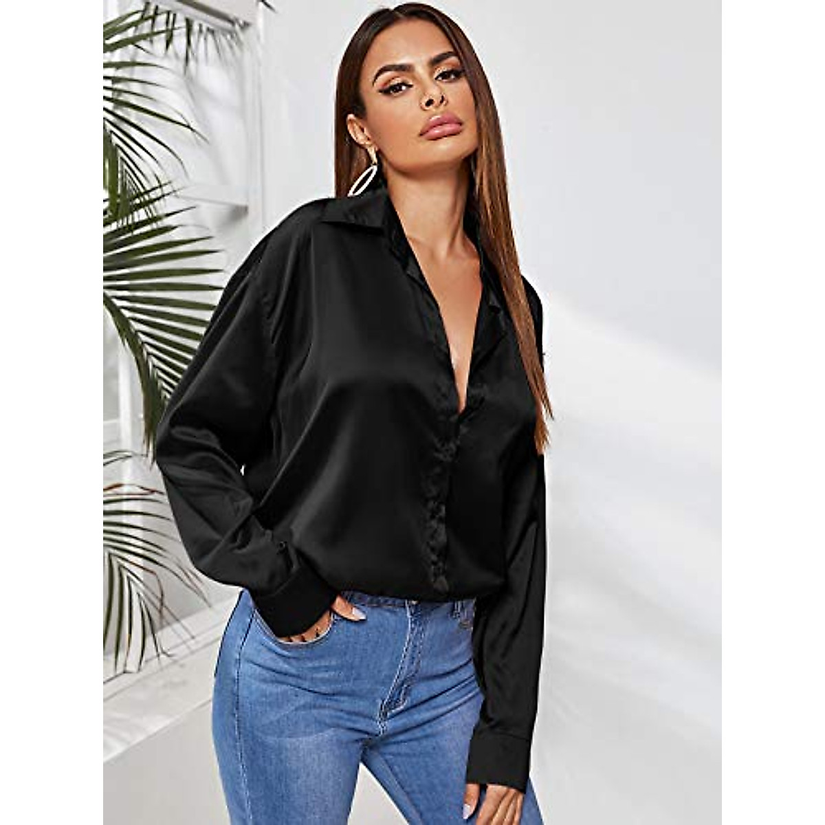 SOLY HUX Women's Satin Silk Long Sleeve Button Down Shirt Office Work Blouse Top Black S
