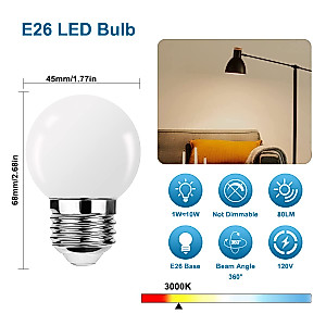 ProCrus E26 LED Light Bulb,G14 1W,1 Watt Small Night Light Bulbs,3000K Soft White,80LM,10W Equivalent,for Bedroom, Ceiling Fan, Table Lamp, Kitchen, Pendant Fixtures,Vanity,120V,Not Dimmable,6 Pack