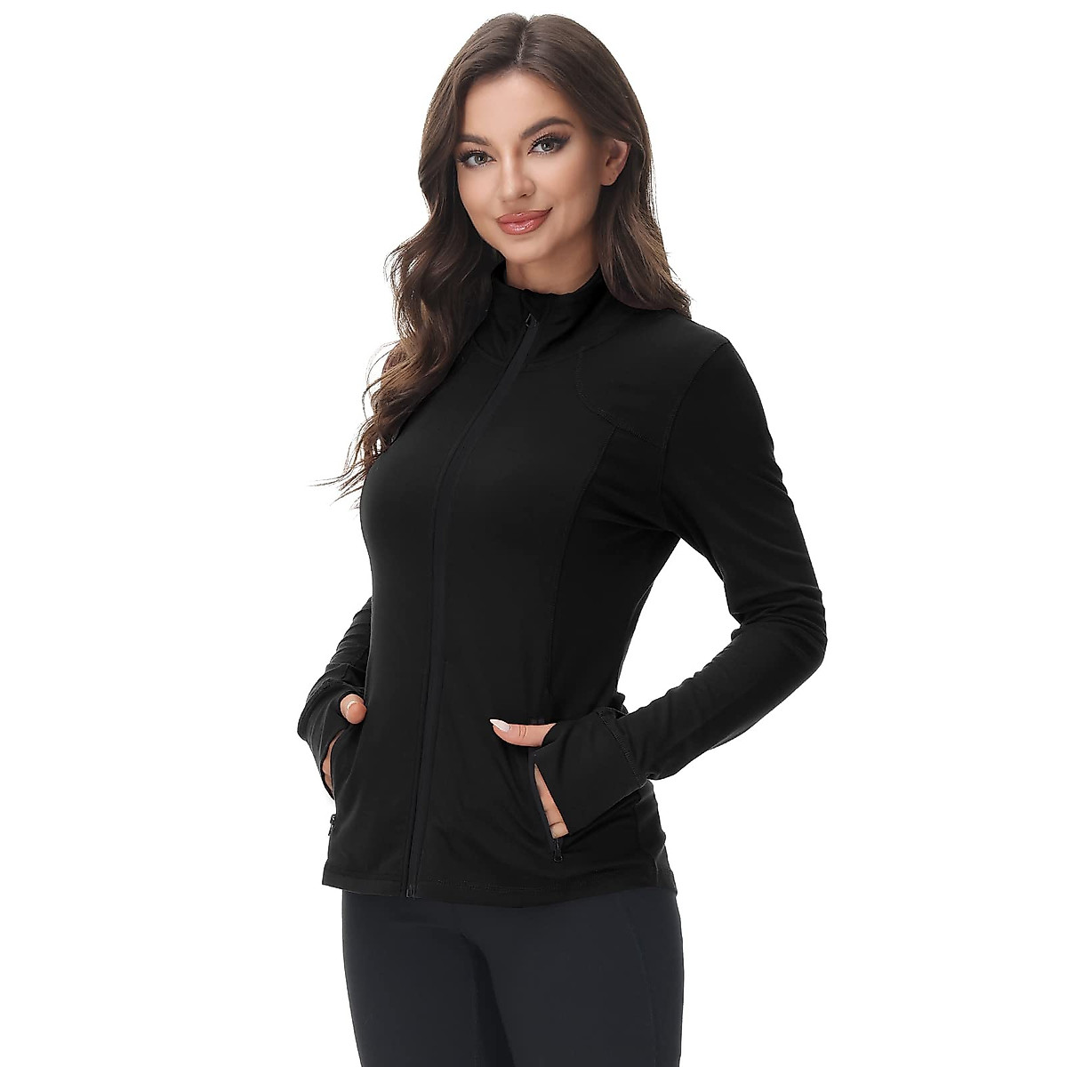 COZZIPLUS Women Zip up Athletic Running Jacket Lightweight Workout Yoga Top with Thumb Holes and Pocket (Black, M)