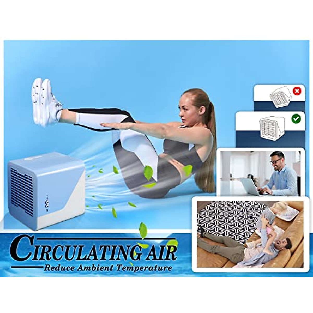 Portable Air Conditioner, 3-IN-Evaporative Air Conditioner in 3 Speed, USB Personal Mini Air Cooler with LED Light for Bedroom, Office, Living Room & More