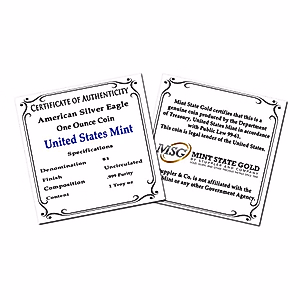 1986 - Present (Random Year) 1 oz American Silver Eagle Coin Brilliant Uncirculated (Type 1 or 2) with Certificate of Authenticity $1 BU