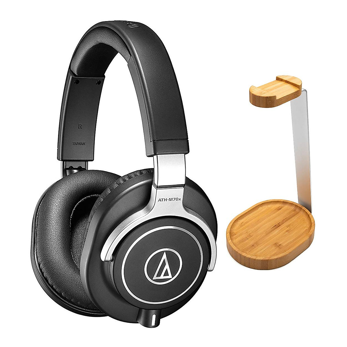 Audio-Technica ATH-M70x Professional Monitor Headphones Bundle with Wooden Headphone Stand (Bamboo Brown) (2 Items)