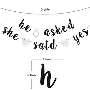He Asked She Said Yes Banner, Black Glitter Bunting Sign for Engagement, Wedding, Bride to Be, Groom to Be, Bridal Shower, Valentine's Day Party Decorations Supplies