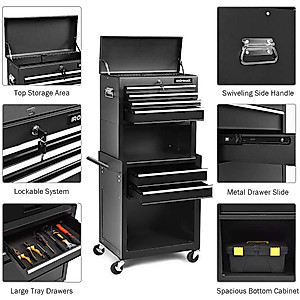 ARLIME 6-Drawer Rolling Tool Chest, Tool Storage Cabinet W/ Sliding Drawers, Detachable Top Box & Locking System, Removable Toolbox Organizer for Garage & Warehouse (Black)