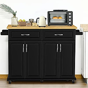 Codesfir Kitchen Island Cart with Storage Cabinet, Kitchen Island on Wheels with Drawer and Towel Rack, Rubber Wood Top, L48xW18xH36 Inches, Black