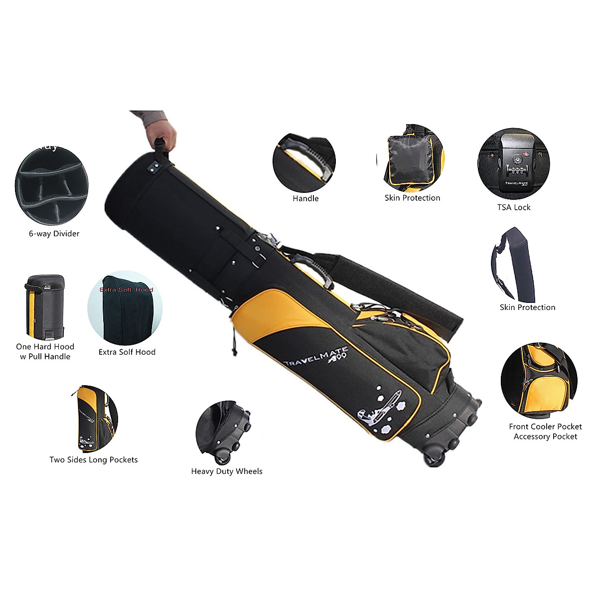 A99Golf Travel Mate with Skin Cover Wheeled W. TSA Lock Air Porter Golf Travel Bag cart Bag Travel Cover Golf Bag (Blk/Gold)